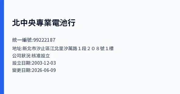北中央專業電池行的照片-統編 99222187(新北市) 公司登記資料與營業項目詳細圖表