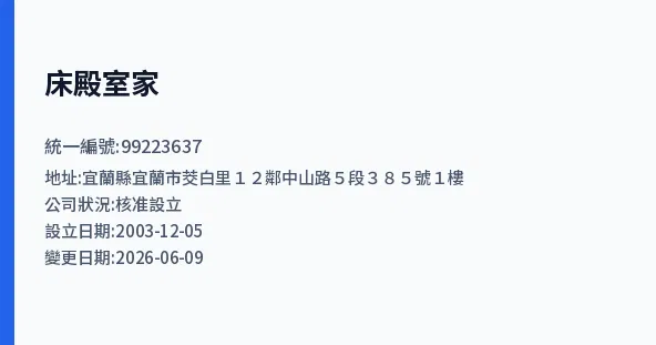 床殿室家的照片-統編 99223637(宜蘭縣) 公司登記資料與營業項目詳細圖表