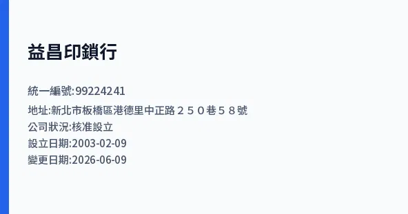 益昌印鎖行的照片-統編 99224241(新北市) 公司登記資料與營業項目詳細圖表