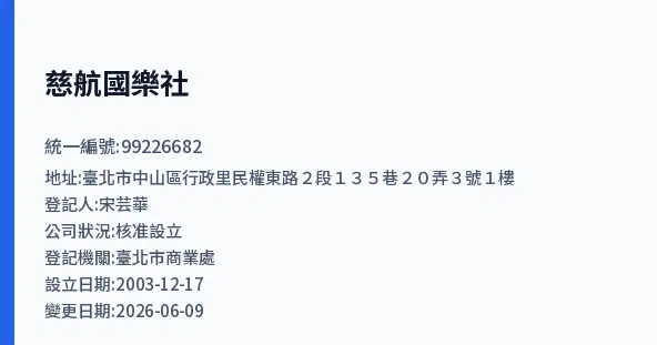 慈航國樂社的照片-統編 99226682(臺北市) 公司登記資料與營業項目詳細圖表