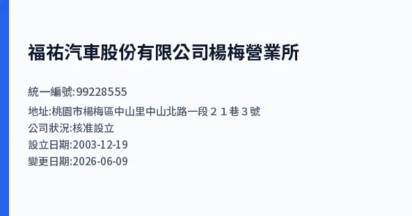 福祐汽車股份有限公司楊梅營業所的照片-統編 99228555(桃園市) 公司登記資料與營業項目詳細圖表