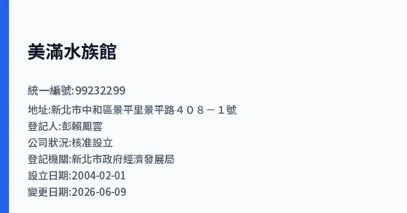 美滿水族館的照片-統編 99232299(新北市) 公司登記資料與營業項目詳細圖表