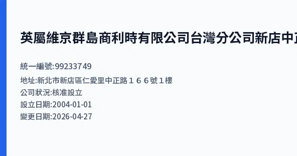 英屬維京群島商利時有限公司台灣分公司新店中正門市部的照片-統編 99233749(新北市) 公司登記資料與營業項目詳細圖表