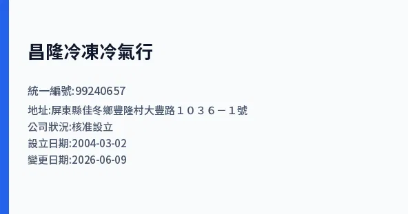 昌隆冷凍冷氣行的照片-統編 99240657(屏東縣) 公司登記資料與營業項目詳細圖表