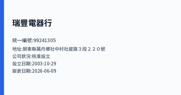瑞豐電器行的照片-統編 99241305(屏東縣) 公司登記資料與營業項目詳細圖表