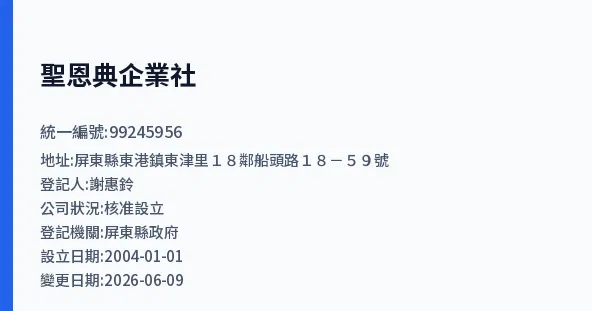 聖恩典企業社的照片-統編 99245956(屏東縣) 公司登記資料與營業項目詳細圖表