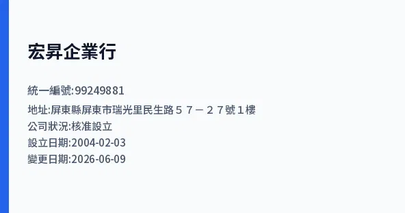 宏昇企業行的照片-統編 99249881(屏東縣) 公司登記資料與營業項目詳細圖表