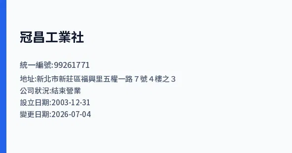 冠昌工業社的照片-統編 99261771(新北市) 公司登記資料與營業項目詳細圖表