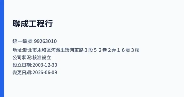 聯成工程行的照片-統編 99263010(新北市) 公司登記資料與營業項目詳細圖表