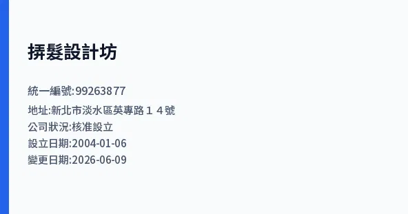 挵髮設計坊的照片-統編 99263877(新北市) 公司登記資料與營業項目詳細圖表