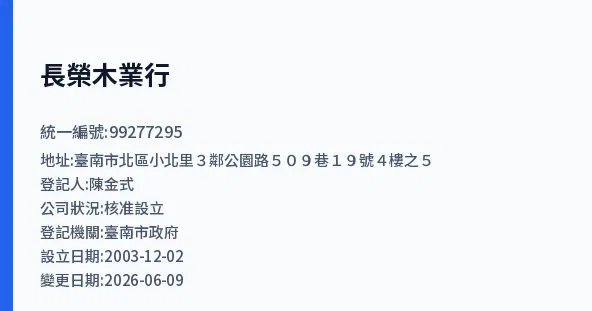 長榮木業行的照片-統編 99277295(臺南市) 公司登記資料與營業項目詳細圖表