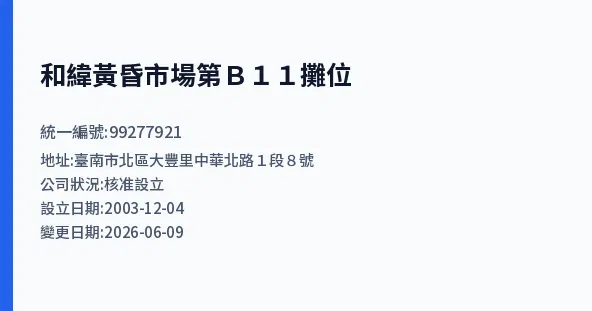 和緯黃昏市場第B11攤位的照片-統編 99277921(臺南市) 公司登記資料與營業項目詳細圖表