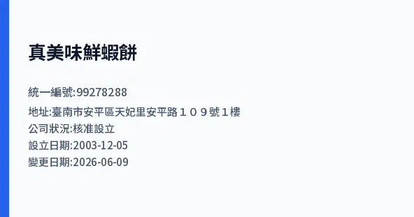 真美味鮮蝦餅的照片-統編 99278288(臺南市) 公司登記資料與營業項目詳細圖表