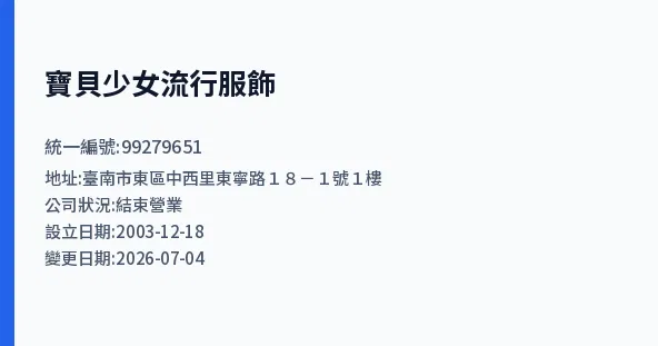 寶貝少女流行服飾的照片-統編 99279651(臺南市) 公司登記資料與營業項目詳細圖表