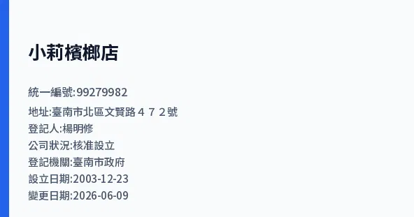 小莉檳榔店的照片-統編 99279982(臺南市) 公司登記資料與營業項目詳細圖表