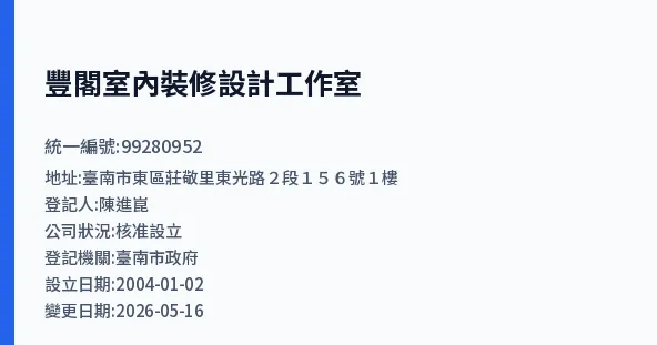 豐閣室內裝修設計工作室的照片-統編 99280952(臺南市) 公司登記資料與營業項目詳細圖表