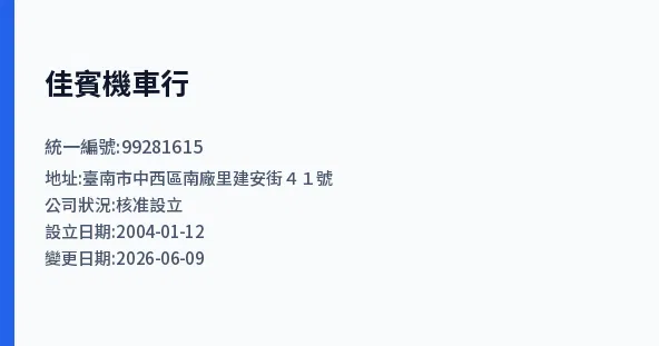 佳賓機車行的照片-統編 99281615(臺南市) 公司登記資料與營業項目詳細圖表