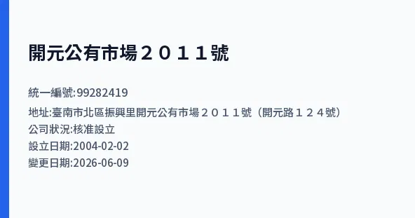 開元公有市場2011號的照片-統編 99282419(臺南市) 公司登記資料與營業項目詳細圖表