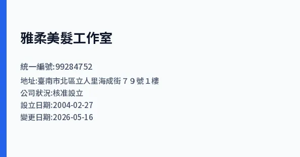 雅柔美髮工作室的照片-統編 99284752(臺南市) 公司登記資料與營業項目詳細圖表