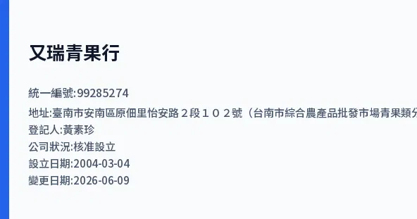 又瑞青果行的照片-統編 99285274(臺南市) 公司登記資料與營業項目詳細圖表