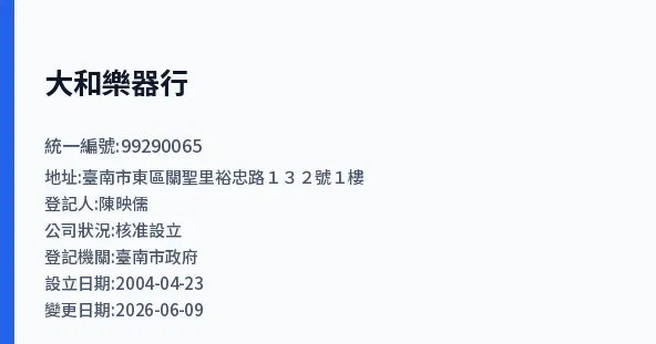 大和樂器行的照片-統編 99290065(臺南市) 公司登記資料與營業項目詳細圖表