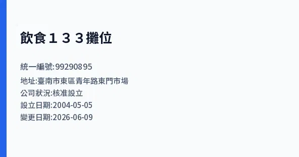飲食133攤位的照片-統編 99290895(臺南市) 公司登記資料與營業項目詳細圖表