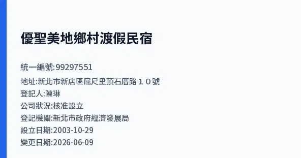 優聖美地鄉村渡假民宿的照片-統編 99297551(新北市) 公司登記資料與營業項目詳細圖表