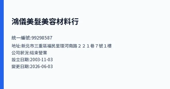 鴻儀美髮美容材料行的照片-統編 99298587(新北市) 公司登記資料與營業項目詳細圖表