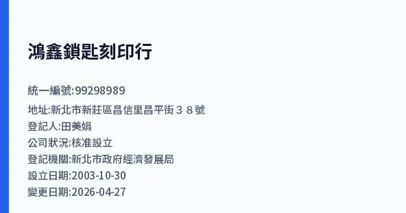 鴻鑫鎖匙刻印行的照片-統編 99298989(新北市) 公司登記資料與營業項目詳細圖表