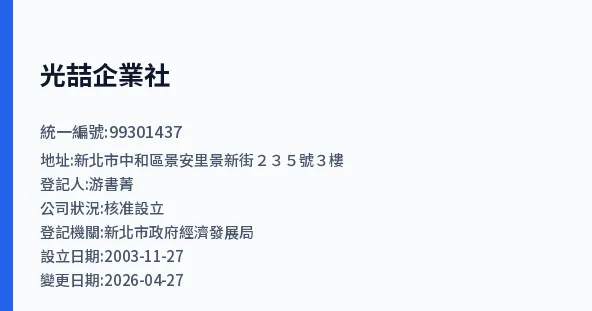 光喆企業社的照片-統編 99301437(新北市) 公司登記資料與營業項目詳細圖表