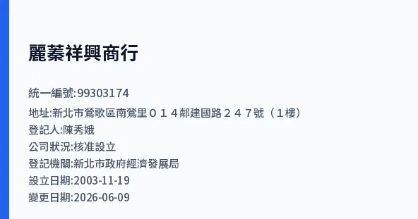 麗蓁祥興商行的照片-統編 99303174(新北市) 公司登記資料與營業項目詳細圖表