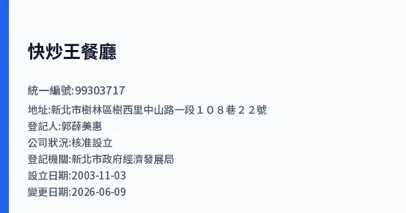 快炒王餐廳的照片-統編 99303717(新北市) 公司登記資料與營業項目詳細圖表