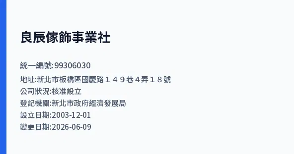 良辰傢飾事業社的照片-統編 99306030(新北市) 公司登記資料與營業項目詳細圖表