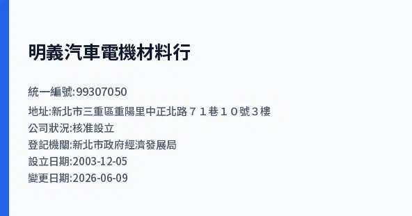 明義汽車電機材料行的照片-統編 99307050(新北市) 公司登記資料與營業項目詳細圖表