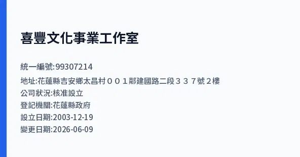 喜豐文化事業工作室的照片-統編 99307214(花蓮縣) 公司登記資料與營業項目詳細圖表