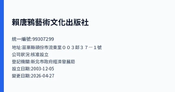 賴唐鴉藝術文化出版社的照片-統編 99307299(苗栗縣) 公司登記資料與營業項目詳細圖表