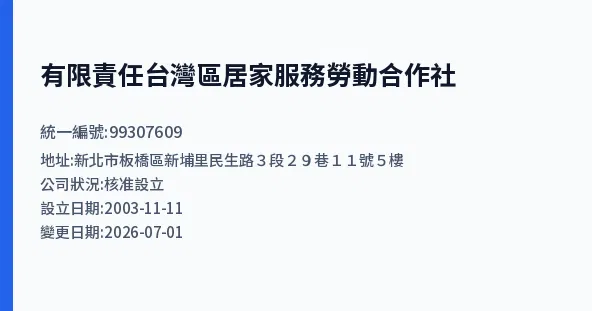 有限責任台灣區居家服務勞動合作社的照片-統編 99307609(新北市) 公司登記資料與營業項目詳細圖表