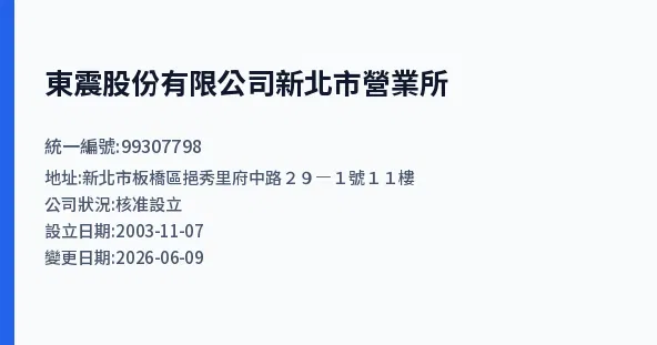 東震股份有限公司新北市營業所的照片-統編 99307798(新北市) 公司登記資料與營業項目詳細圖表
