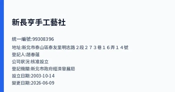 新長亨手工藝社的照片-統編 99308396(新北市) 公司登記資料與營業項目詳細圖表