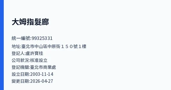 大姆指髮廊的照片-統編 99325331(臺北市) 公司登記資料與營業項目詳細圖表