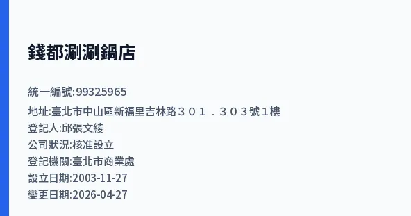 錢都涮涮鍋店的照片-統編 99325965(臺北市) 公司登記資料與營業項目詳細圖表