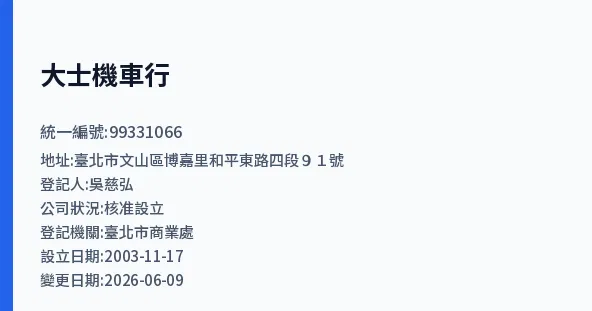 大士機車行的照片-統編 99331066(臺北市) 公司登記資料與營業項目詳細圖表
