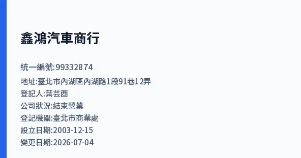 鑫鴻汽車商行的照片-統編 99332874(臺北市) 公司登記資料與營業項目詳細圖表