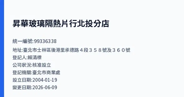 昇華玻璃隔熱片行北投分店的照片-統編 99336338(臺北市) 公司登記資料與營業項目詳細圖表