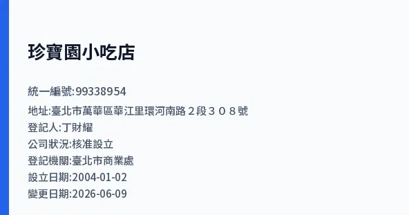 珍寶園小吃店的照片-統編 99338954(臺北市) 公司登記資料與營業項目詳細圖表