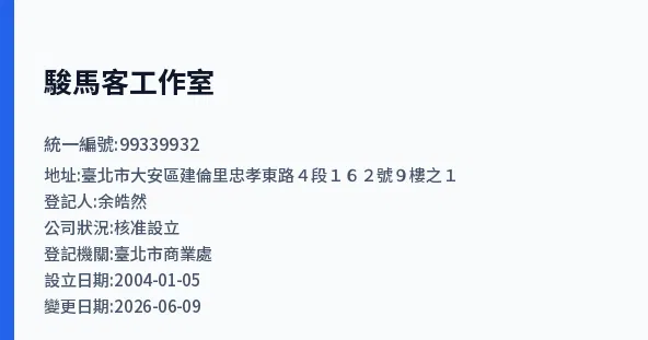 駿馬客工作室的照片-統編 99339932(臺北市) 公司登記資料與營業項目詳細圖表