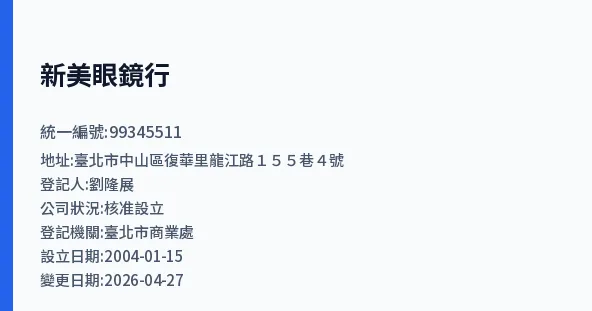 新美眼鏡行的照片-統編 99345511(臺北市) 公司登記資料與營業項目詳細圖表