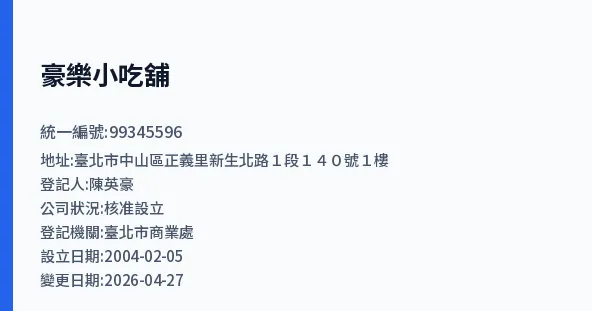 豪樂小吃舖的照片-統編 99345596(臺北市) 公司登記資料與營業項目詳細圖表
