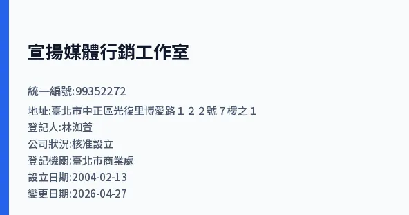 宣揚媒體行銷工作室的照片-統編 99352272(臺北市) 公司登記資料與營業項目詳細圖表