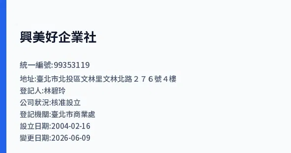 興美好企業社的照片-統編 99353119(臺北市) 公司登記資料與營業項目詳細圖表